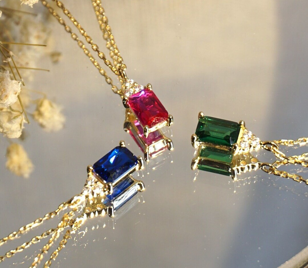 14k Solid Gold Colorful Emerald-cut Necklace, Solitaire Rectangle ...