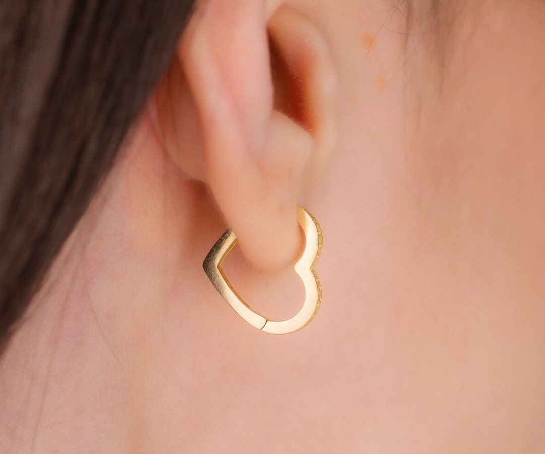 14k Solid Gold Heart Hoop Earring Heart Shaped Earring Heart - Etsy