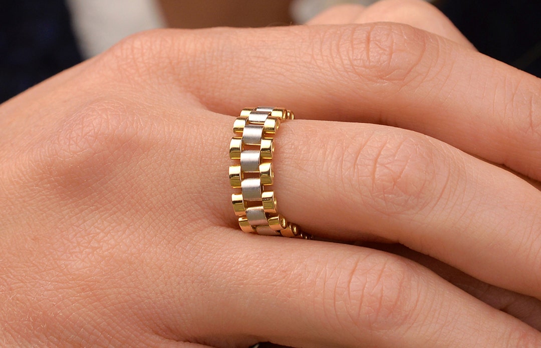 14k Solid Gold Watch Band Ring for Women, White and Gold Chain Ring ...