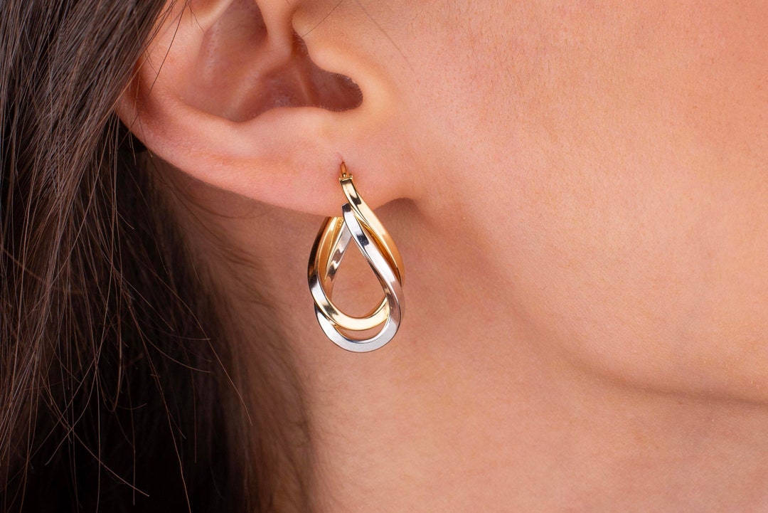 14k Solid Gold Oval Two Color Braided Earring, Intertwined Yellow and ...