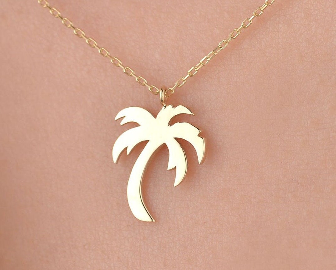 14k Solid Gold Palm Tree Necklace, Palm Tree Pendant, Tropical Leaves ...