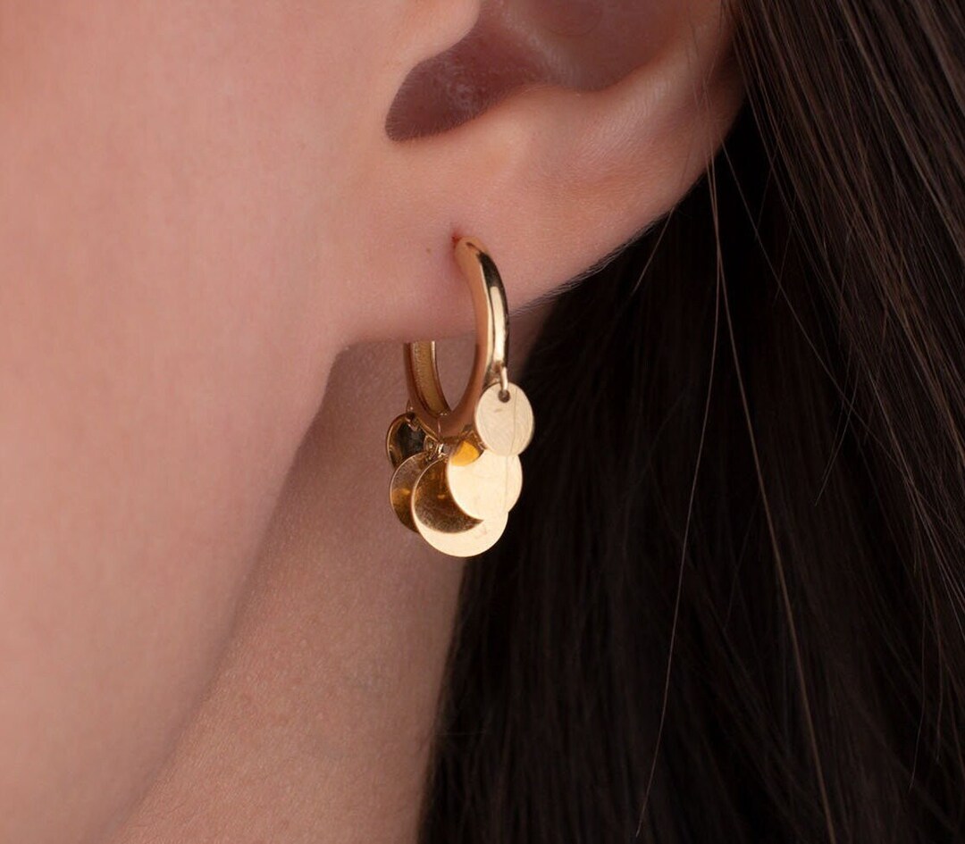 Dangle Disc Earring, 14k Gold Hoop Earring, Huggie Hoop Earring, Gift ...