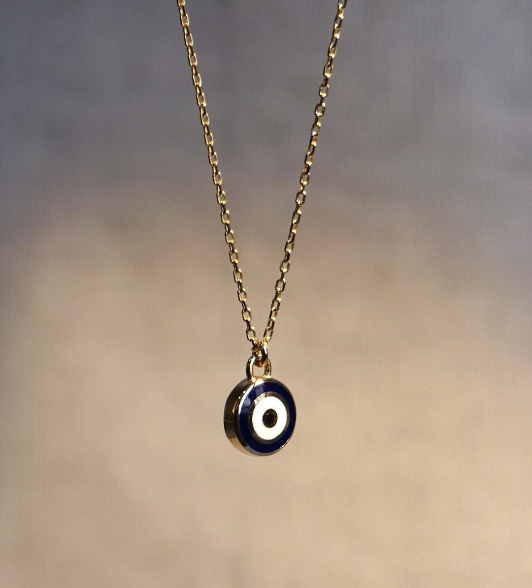 Double Sided Necklace, 14k Solid Gold Evil Eye Necklace, Two Sided ...