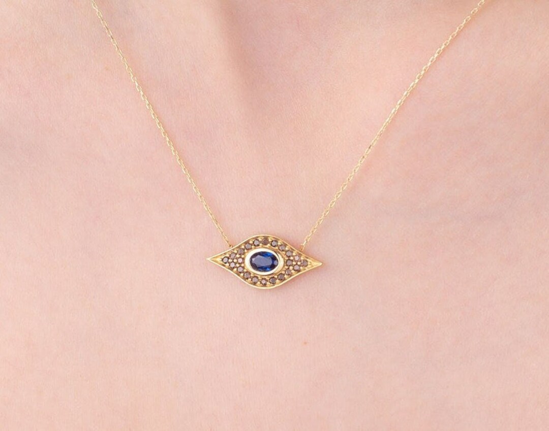 14k Gold Evil Eye Necklace, Protection Pendant, Pave Blue Eye Lucky ...