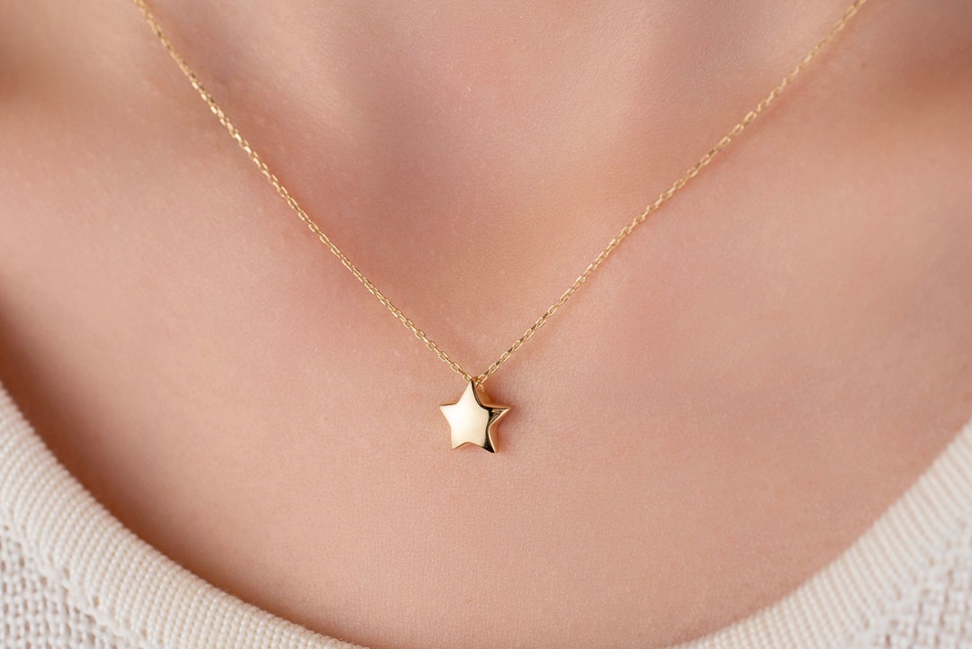 14k Solid Gold Necklace, Dainty Star Necklace, Star Charm Necklace ...