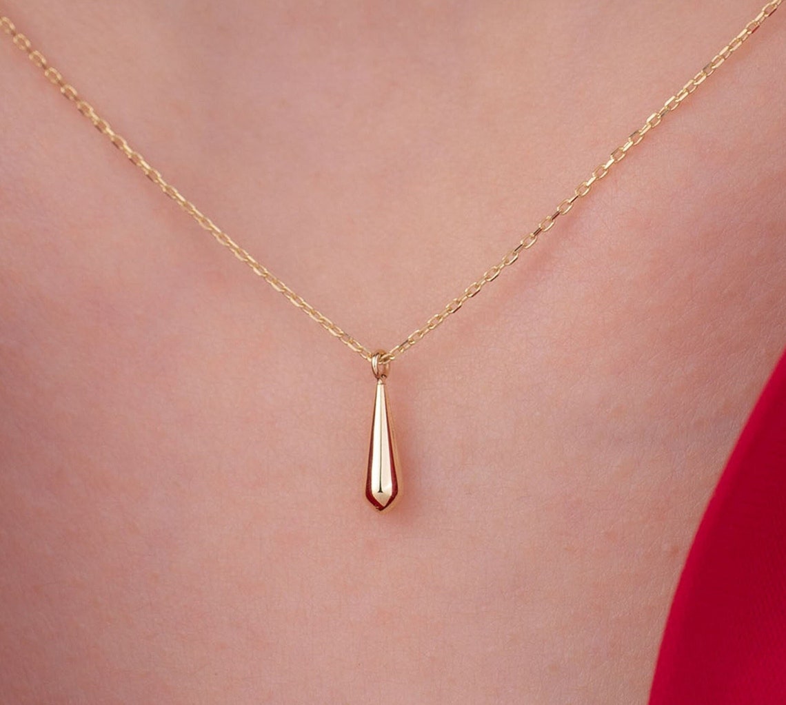 14k Solid Gold Drop Necklace, Gold Minimalist Necklace, Tiny Drop Charm ...