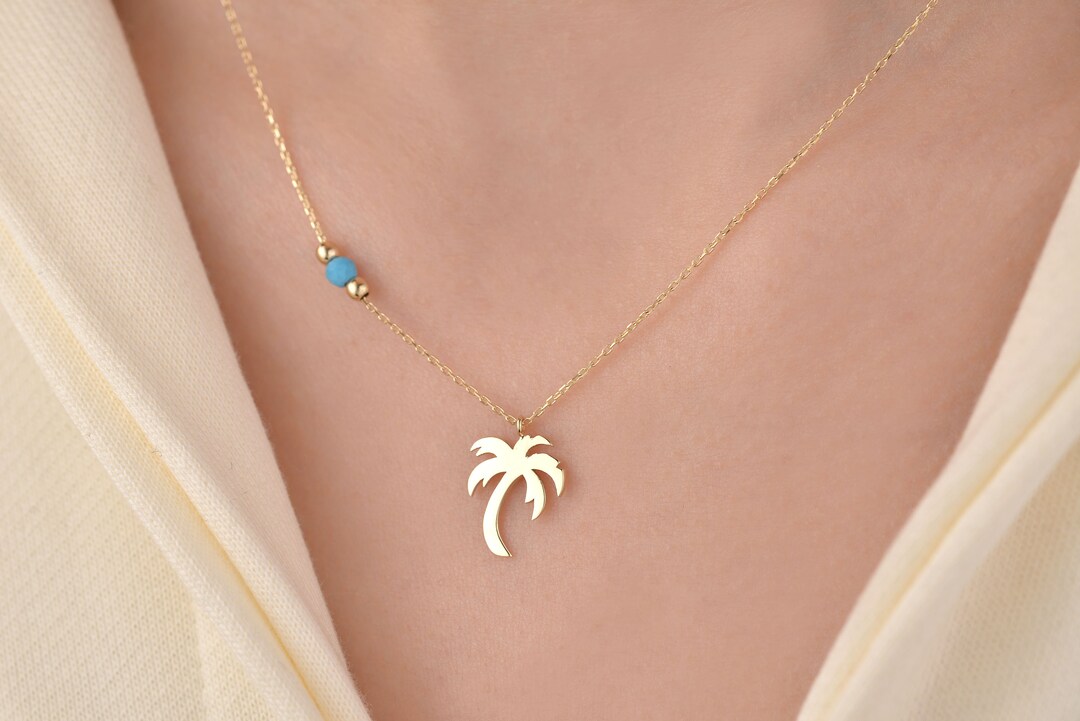14k Solid Gold Palm Tree Necklace, Palm Tree Pendant, Tropical Leaves ...