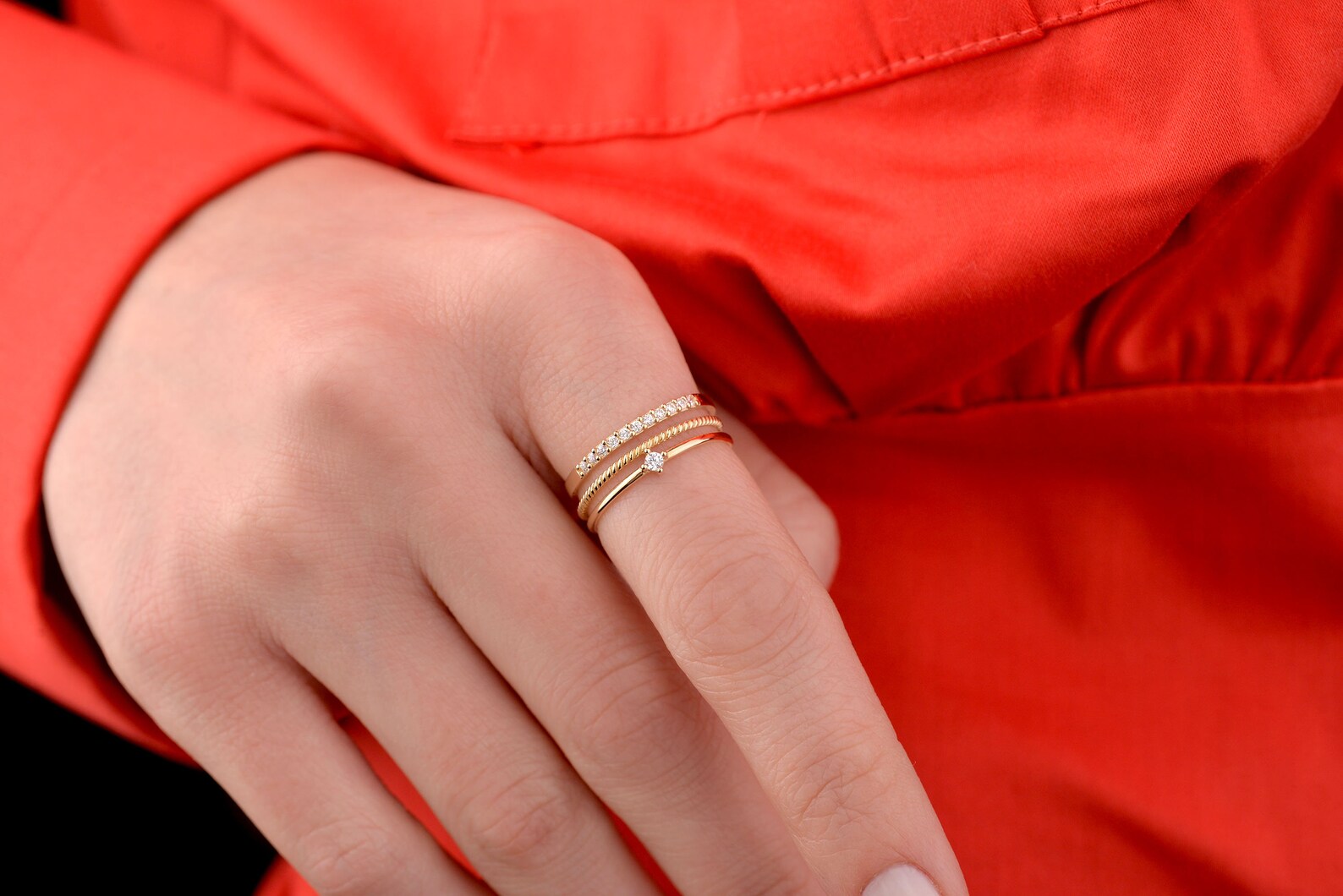 Multi Band Ring Trio Ring Three Row Ring 14k Solid Gold - Etsy