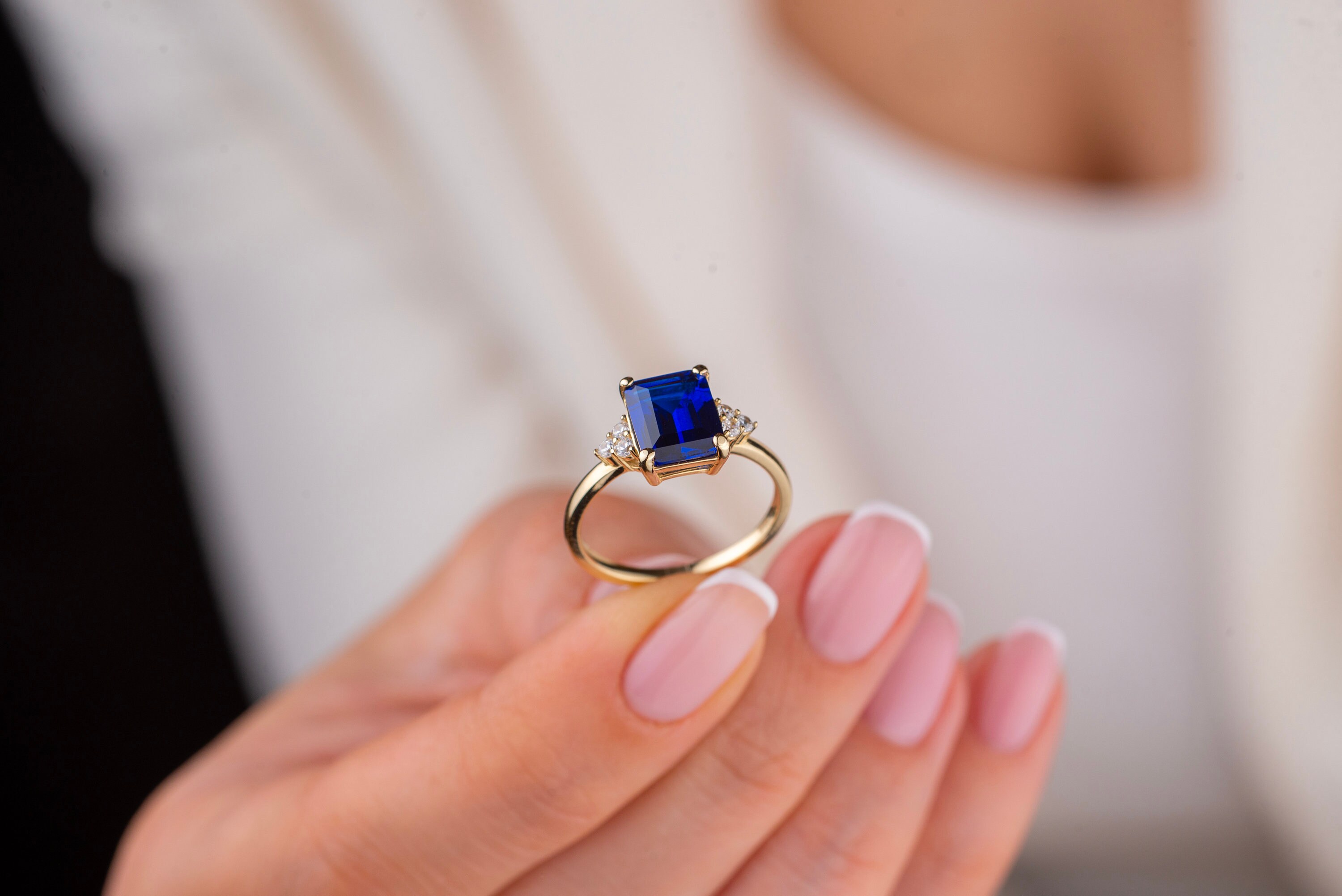 14k Solid Gold Deep Blue Emerald Cut Baguette Ring, Solitaire Promise ...