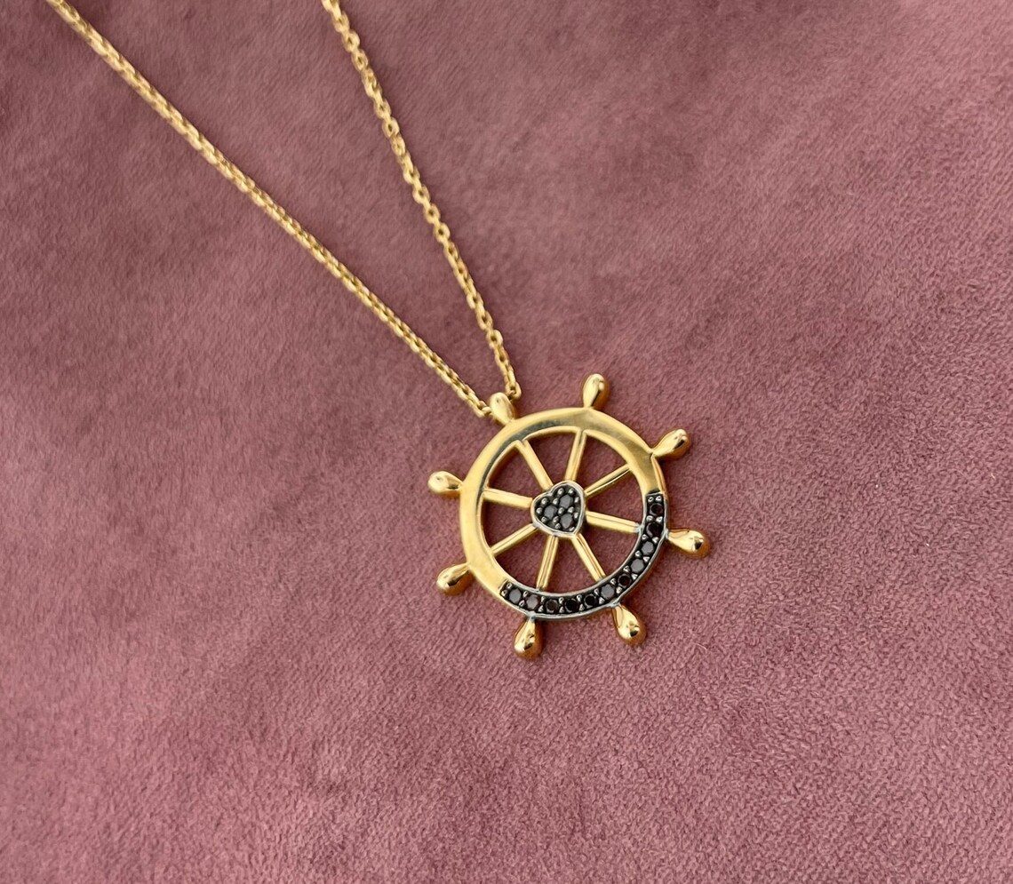 14k Gold Ship Wheel Necklace, Rudder Pendant, Nautical Necklace, Sea ...