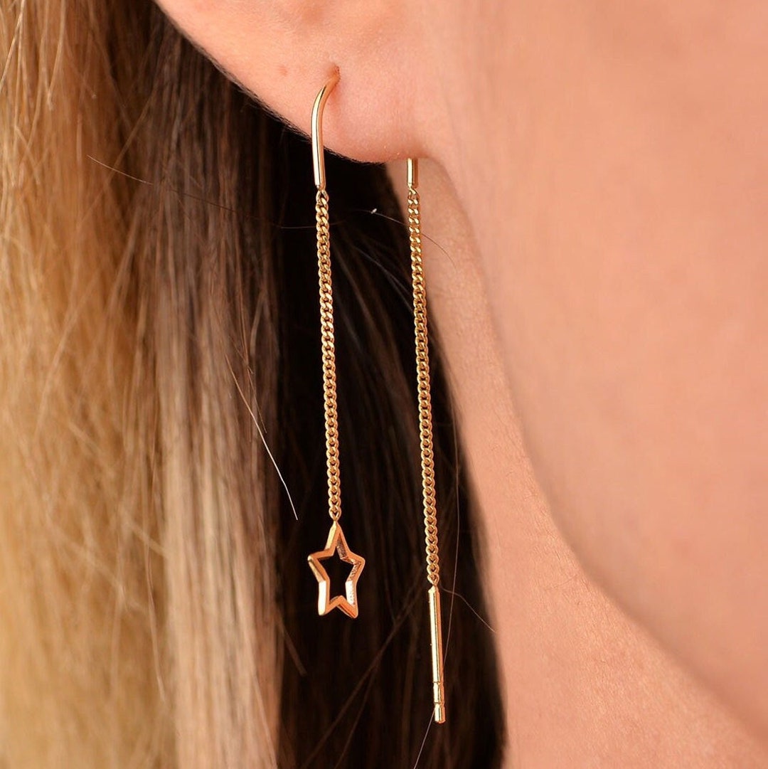 Threader Earring With Star, 14k Solid Gold Earring, Open Star Earring, Minimalist Star Threader ...