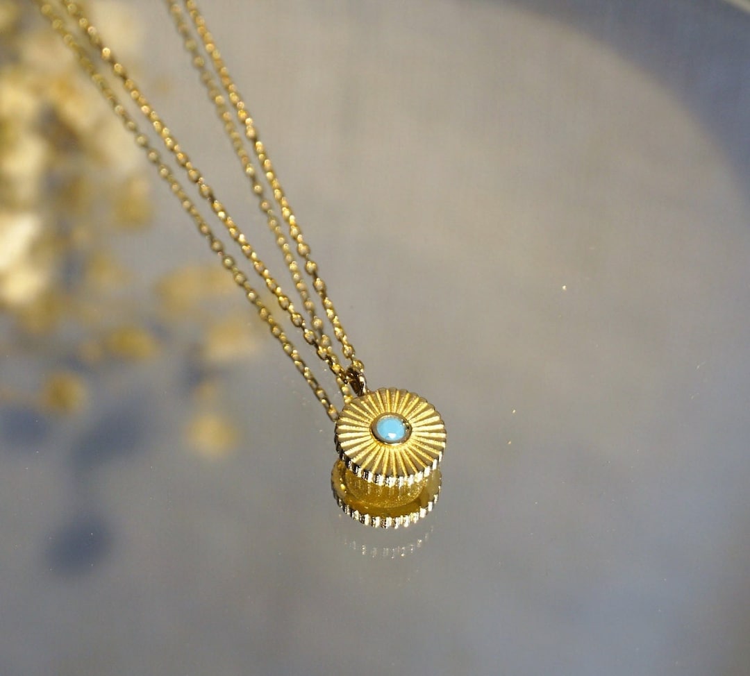 14k Solid Gold Sun Medallion Necklace, Turquoise Zircon Coin Charm ...