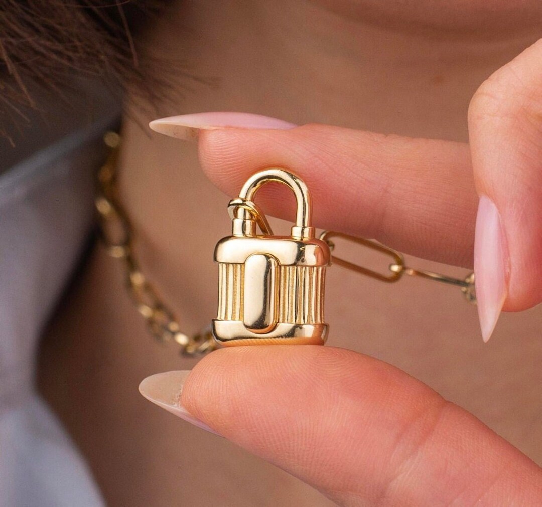 14k Solid Gold Lock Pendant, Unique Pendant Necklace, Collapsible ...