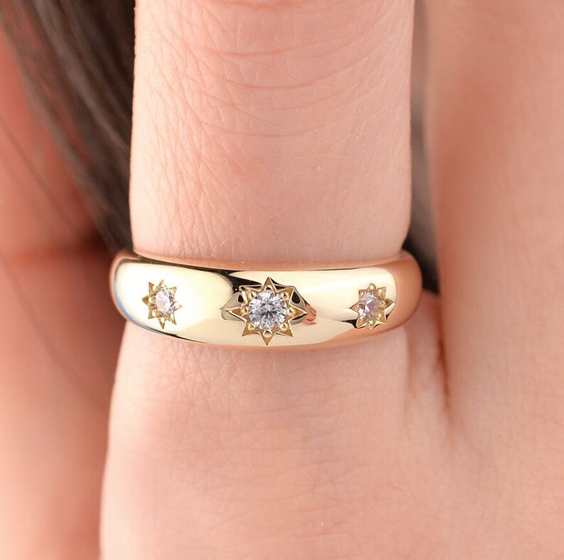 Star Signet Ring, 14k Solid Gold Ring, Star Dome Ring, Starburst ...
