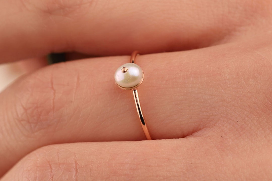 Dainty Pearl Ring, 14k Solid Gold Ring, Minimalist Pearl, Delicate ...