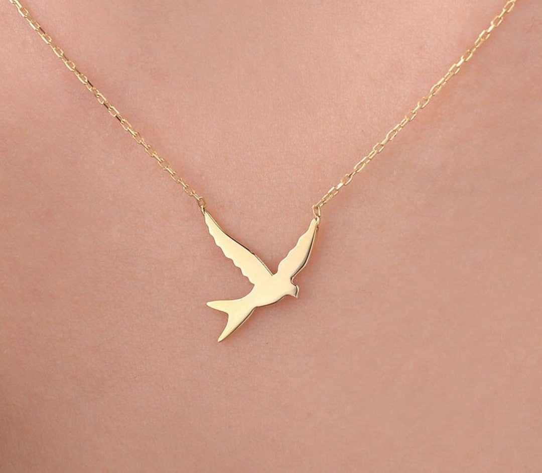 14k Solid Gold Bird Necklace, Flying Bird Pendant, Freedom, Dove Charm ...