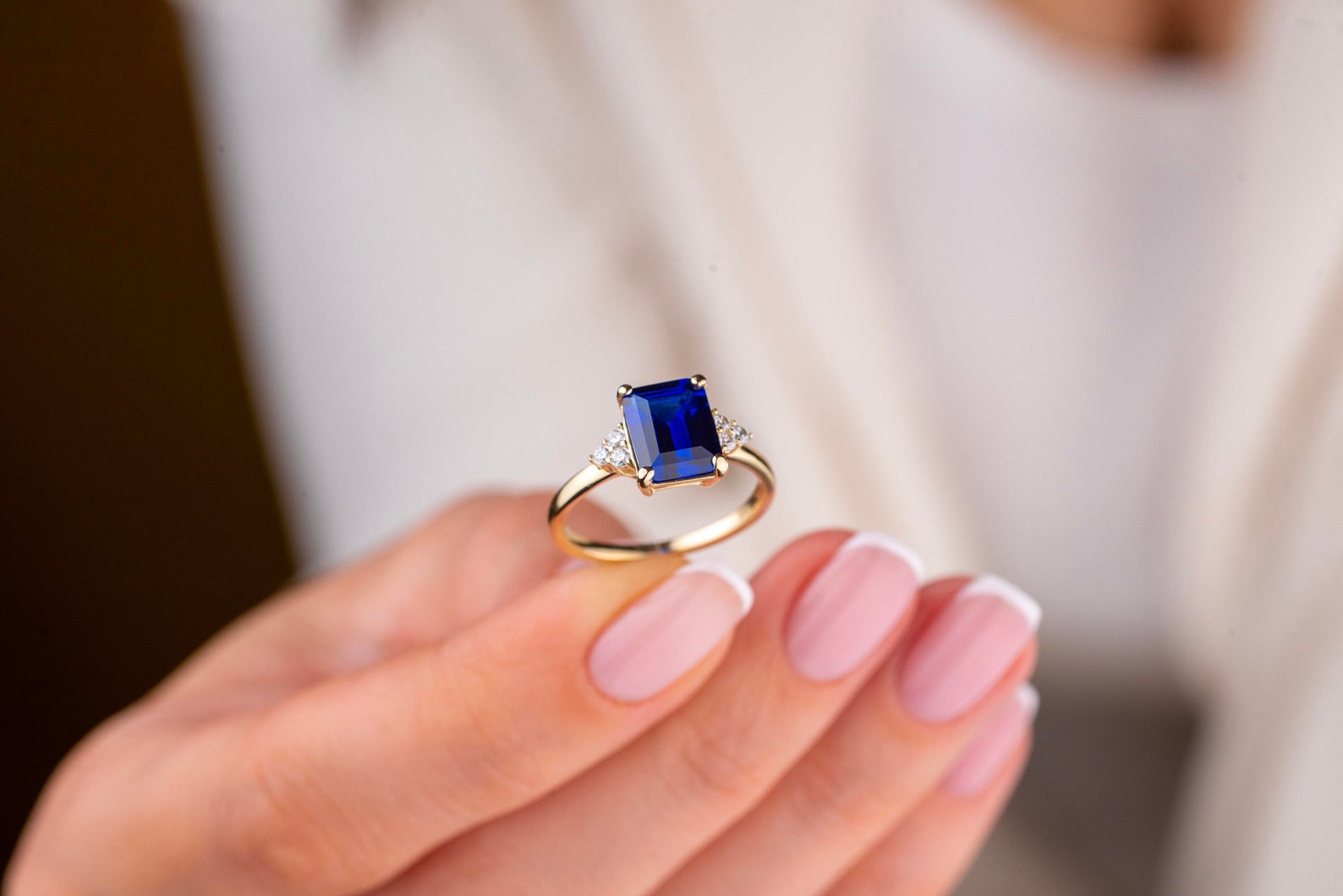 14k Solid Gold Deep Blue Emerald Cut Baguette Ring, Solitaire Promise ...