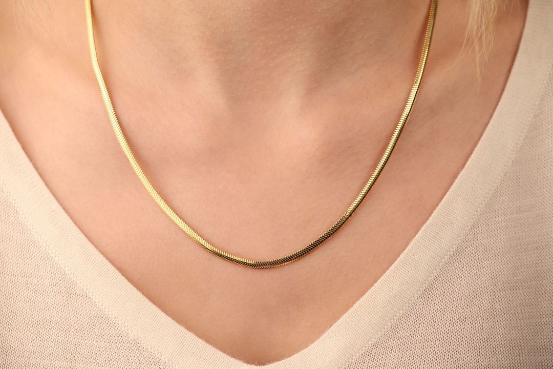 14K Solid Gold Snake Chain, Snake Chain Necklace, Herringbone Necklace ...