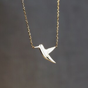 14k Solid Gold Hummingbird Necklace, Flying Colibri Necklace, Bird ...