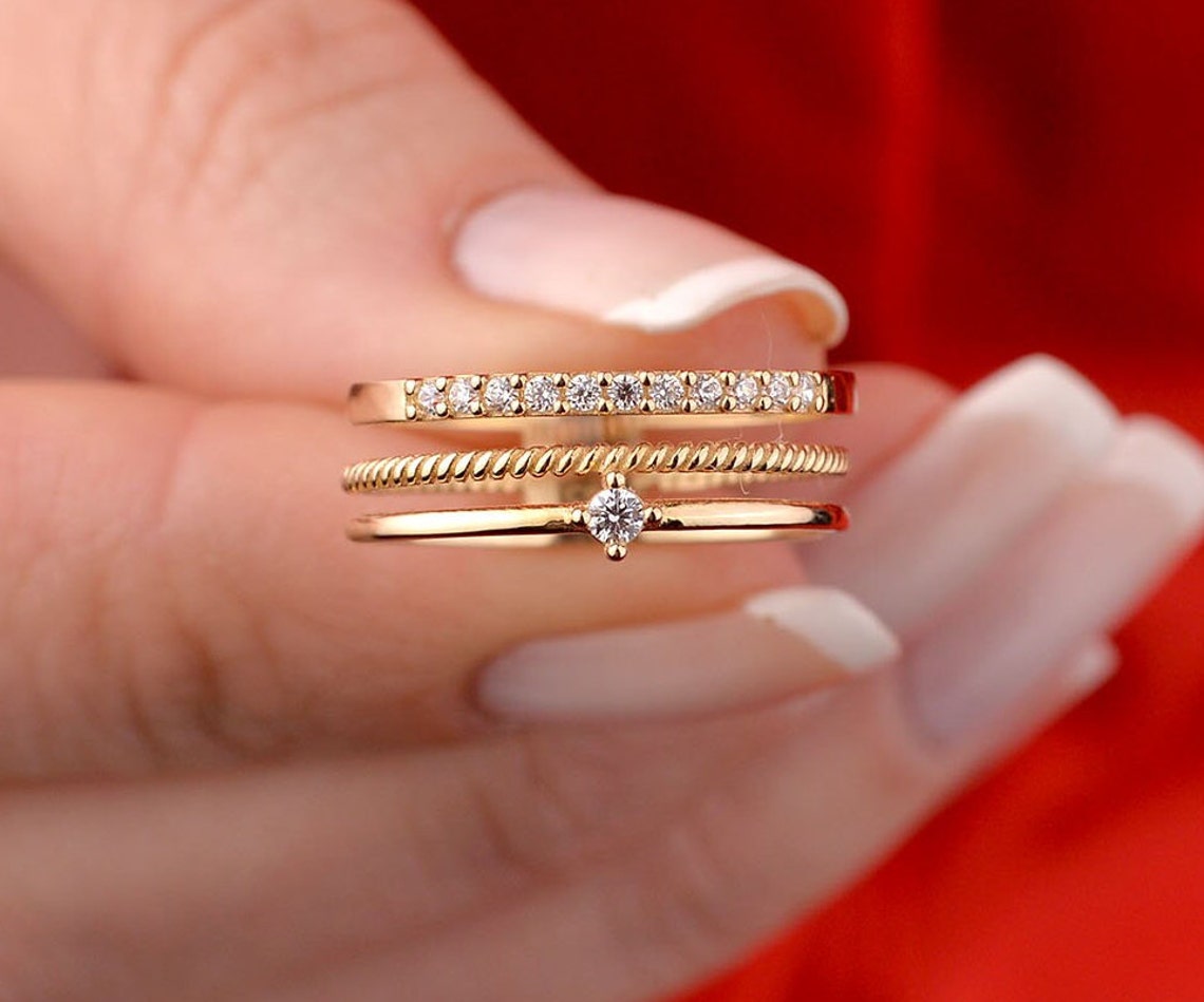 Multi Band Ring Trio Ring Three Row Ring 14k Solid Gold - Etsy