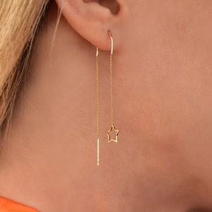 Threader Earring With Star, 14k Solid Gold Earring, Open Star Earring ...