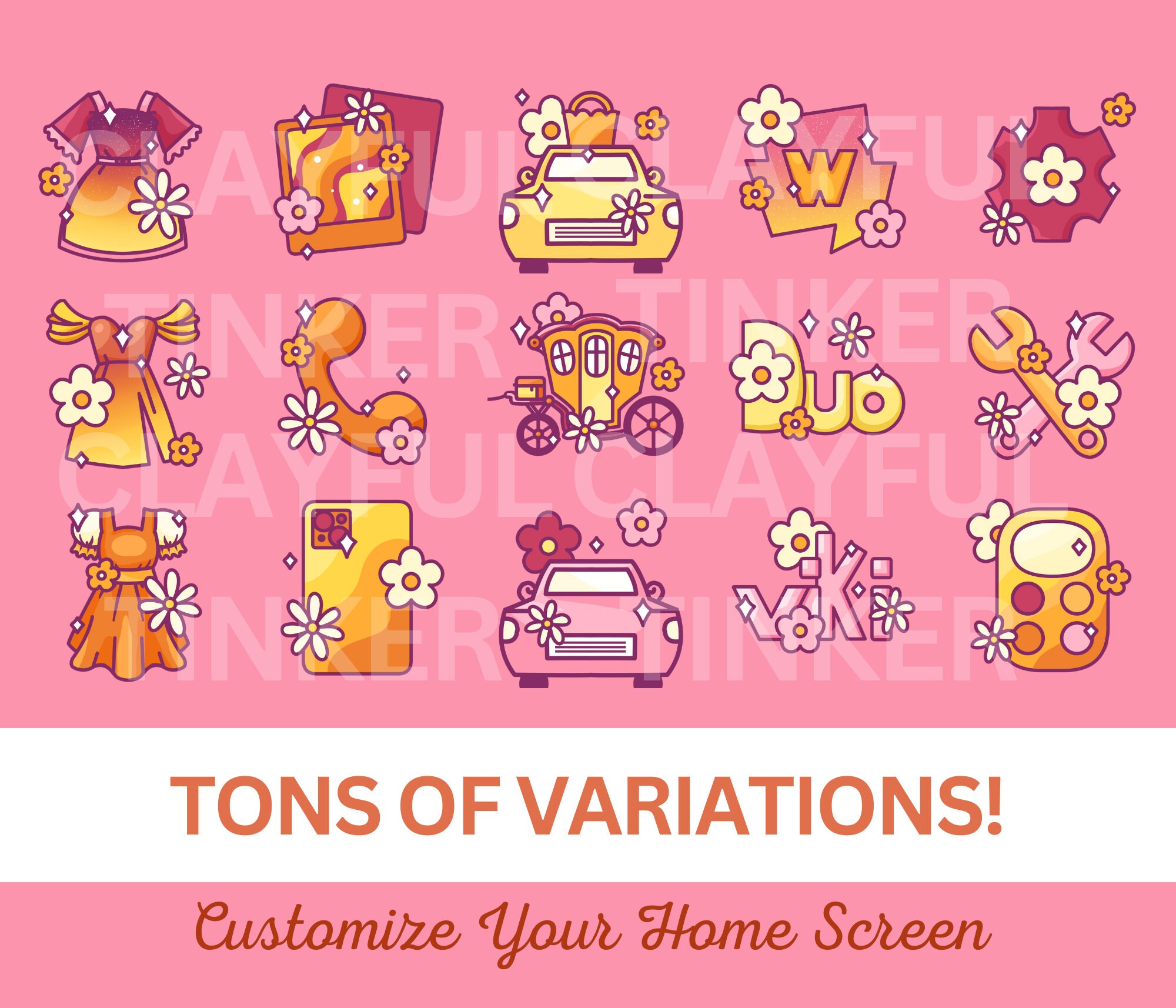 Retro App Icon Pack 80s Pink Orange Groovy Icons Cute Hand - Etsy