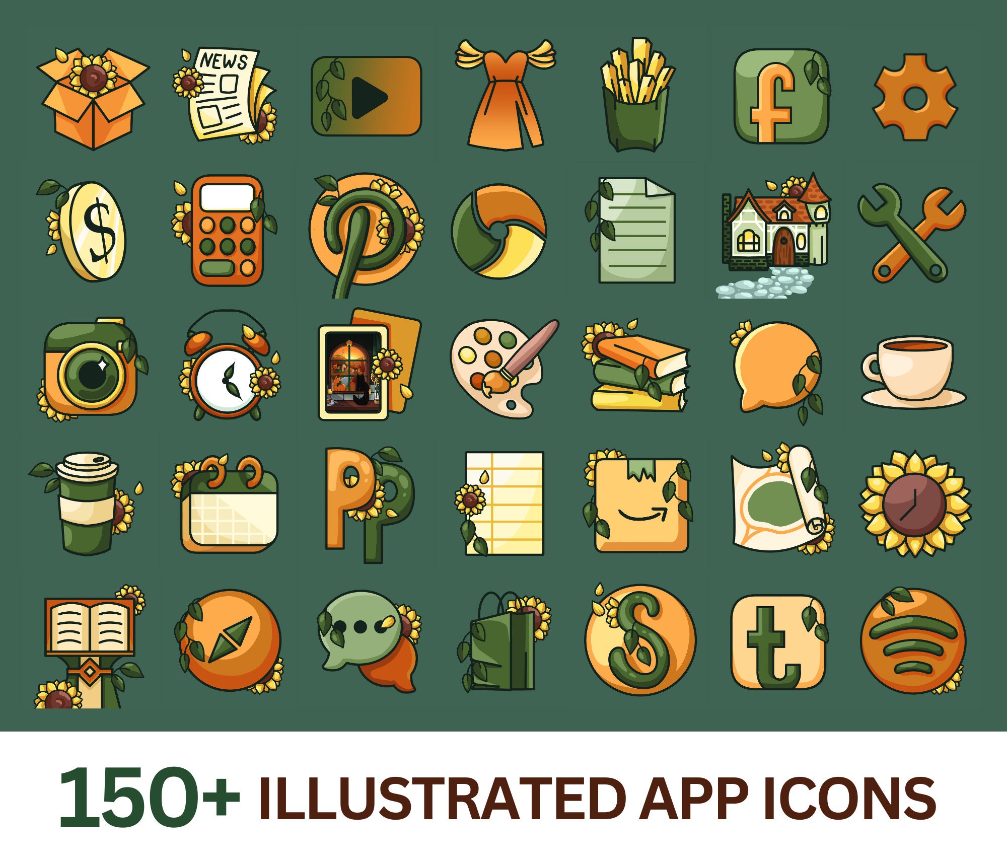 Fall Sunflower Icons for Ios iPhone Android Autumn Floral App - Etsy