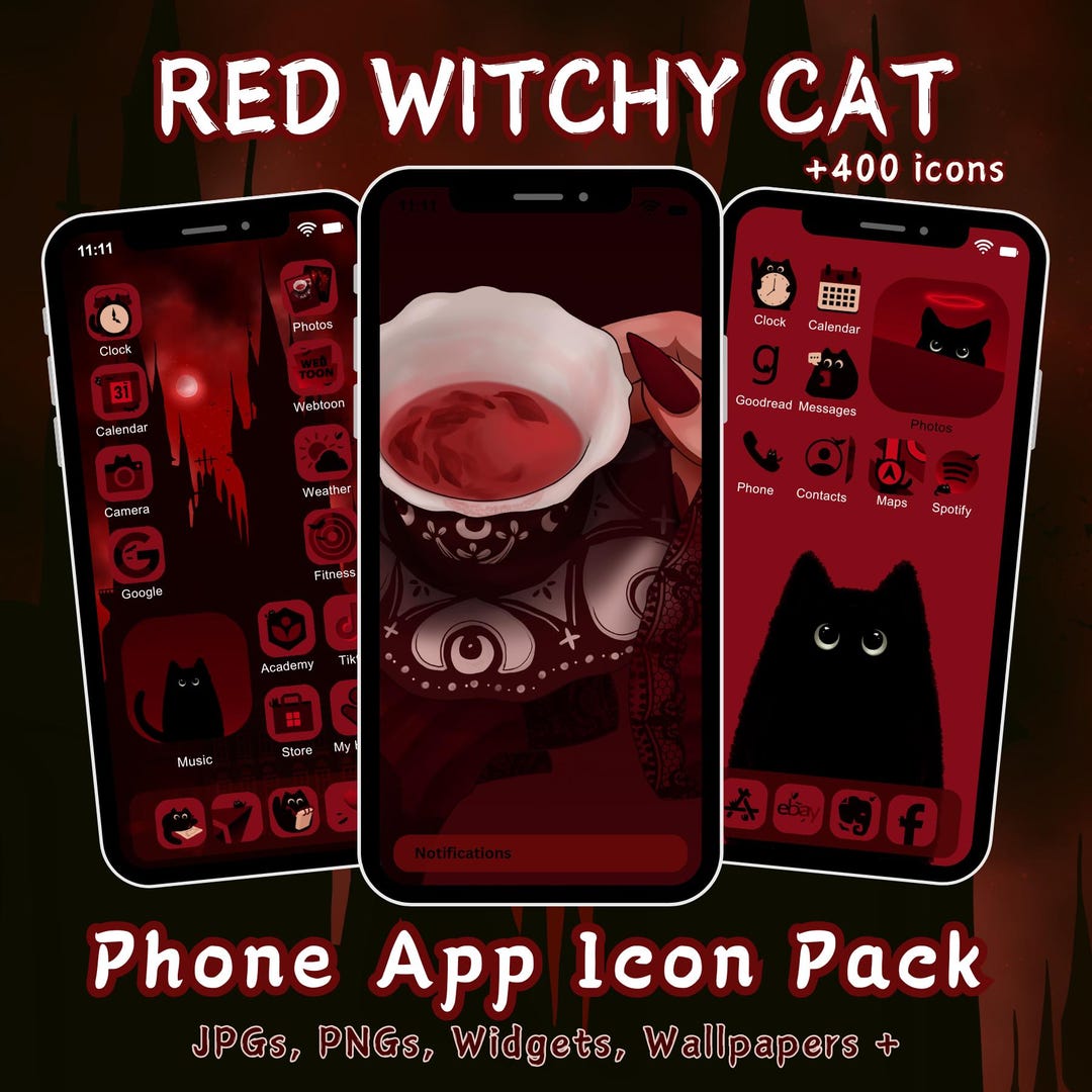 Red Witchy Cat App Icon Pack for Ios Android Phone Tablet With 400 ...