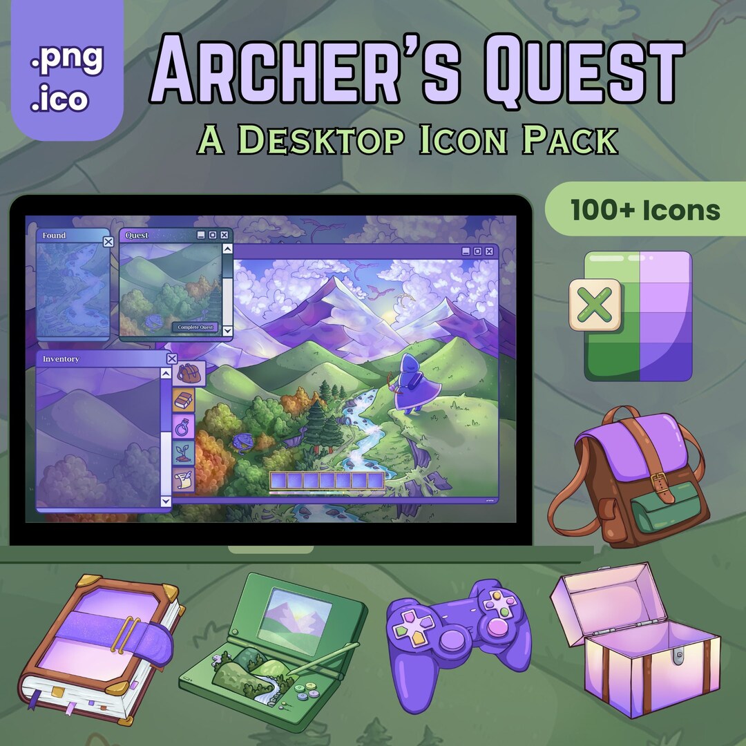 Archer's Quest Computer Icon Pack Desktop Theme MMORPG Aesthetic Gaming Purple and Green Icon ...