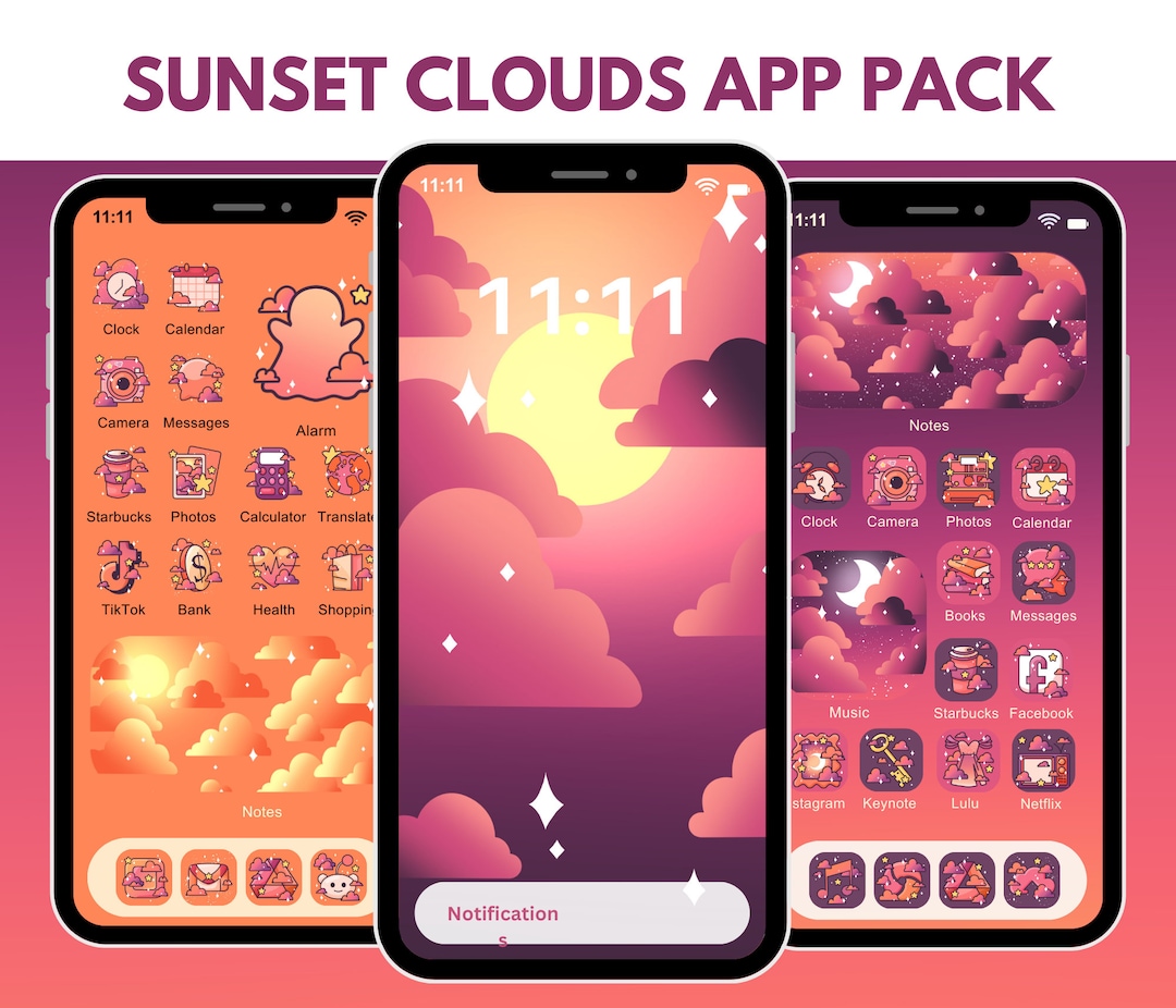 Sunset App Icon Pack Pink Orange Purple Clouds Sky Icons Cute Hand ...