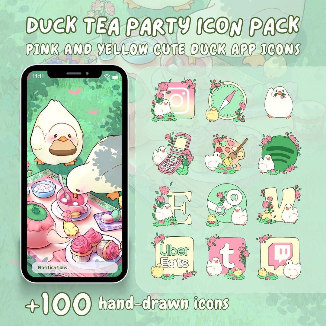 Duck Tea Party App Icon Pack for Ios Android iPhone Cute Duck Apps Hand ...