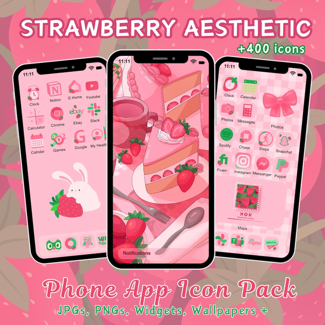 Strawberry App Icon Pack for Ios Android Phone Pink Berry Aesthetic ...