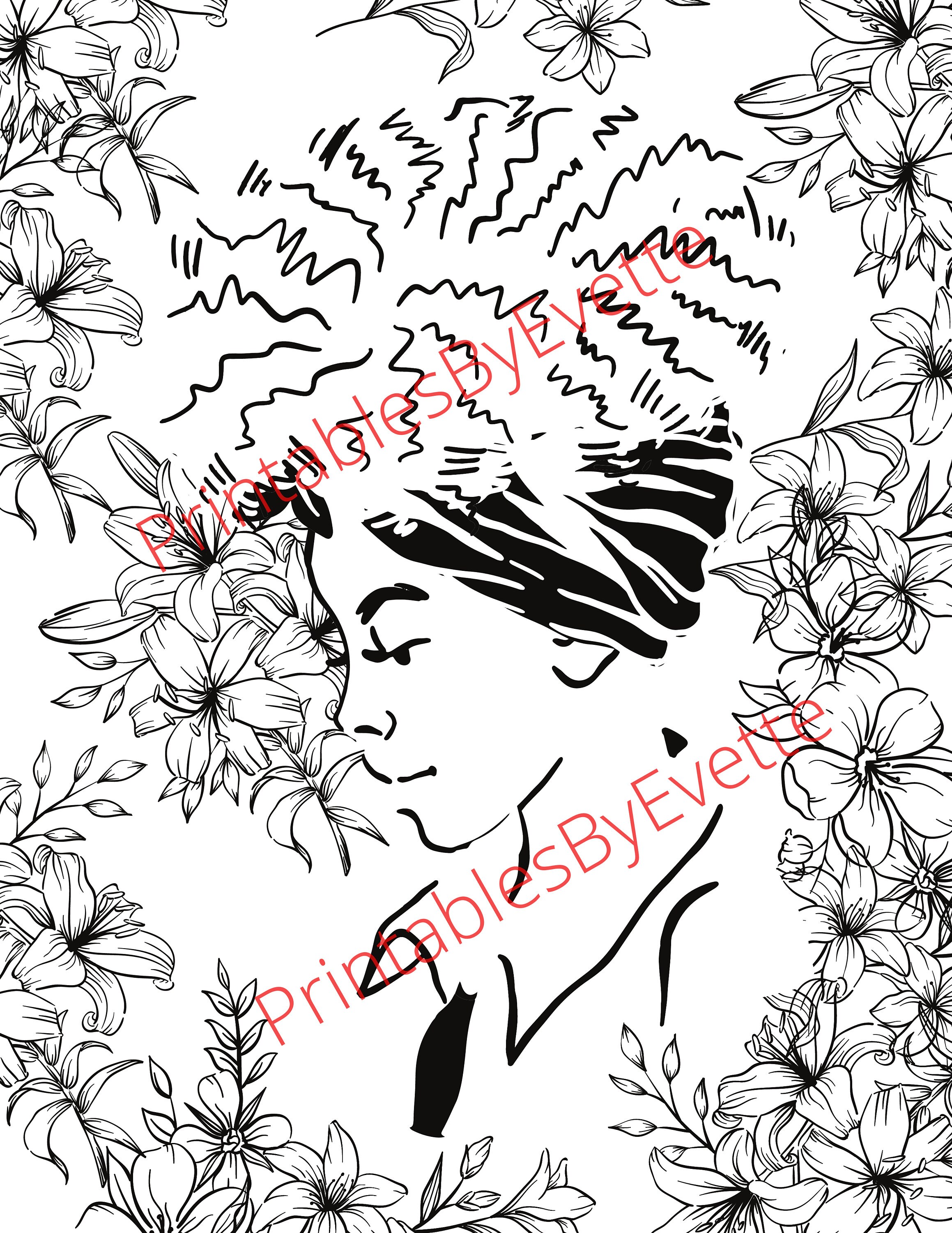 Black Woman Coloring Page /natural Hair Overflowing From Her Scarf ...