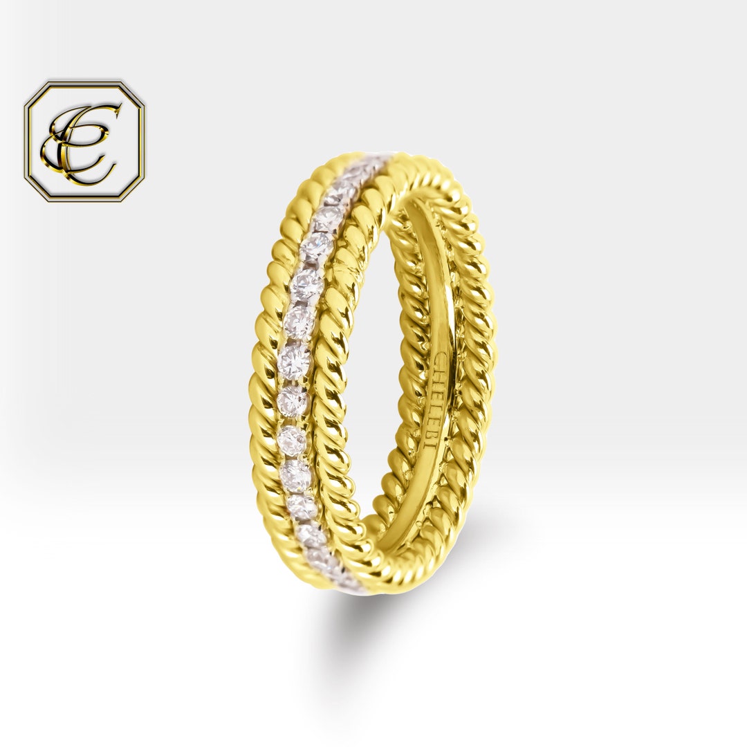 18K Gold Diamond Eternity Band: Twisted Rope Wedding Ring - Etsy