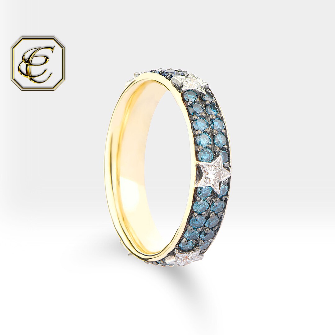 Blue Diamond Star Ring: 14k Gold Pave Band, Handmade Fine Jewelry - Etsy