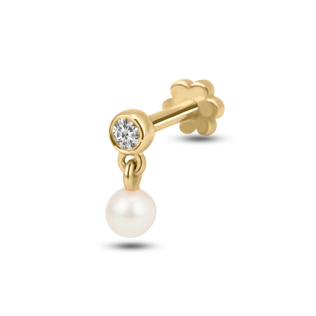 14K Gold Pearl Helix Earring – Diamond Bezel Rook Piercing - Etsy