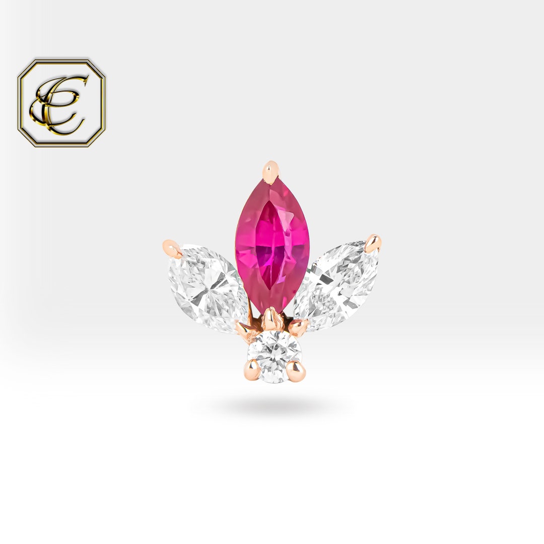 14K Gold Ruby Lotus Cartilage Earring: Diamond Piercing Jewelry - Etsy
