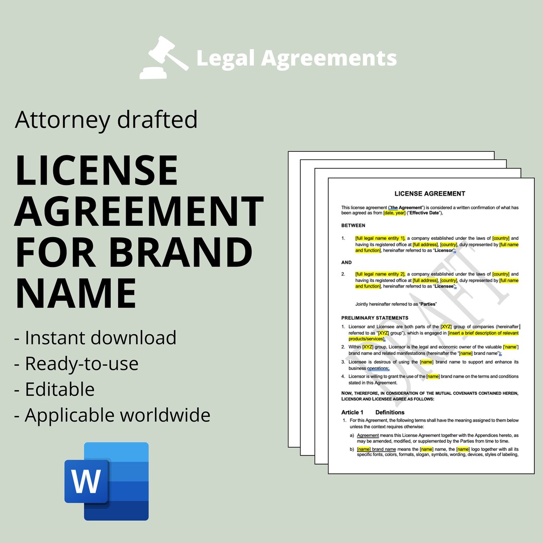 License Agreement for Brand Name | Instant Download | License Contract ...