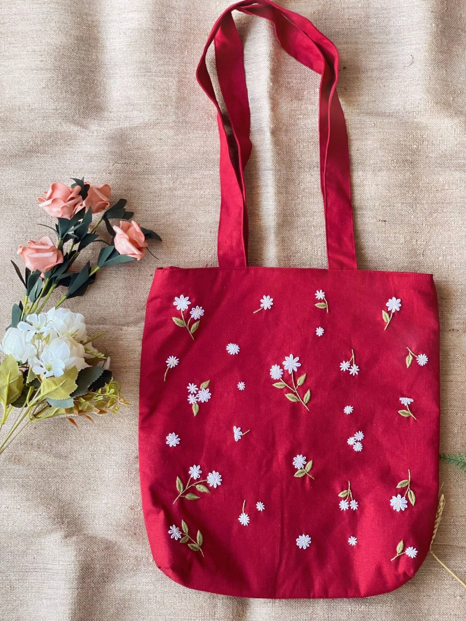 Hand Embroidered Daisy Red Linen Bag Cute Market Bag Eco - Etsy