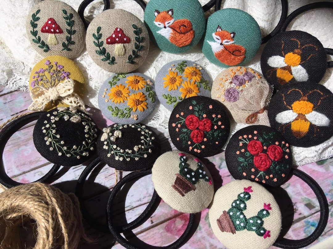 Embroidered Button Hair Tie, Flowers Bee Fox Mushroom Cactus Embroidery ...