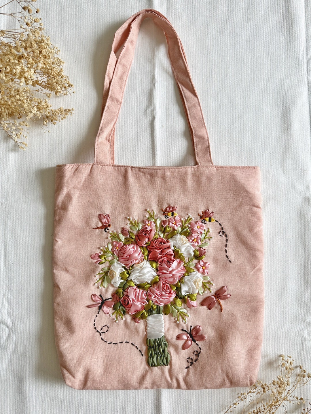 Flower Bouquet Embroidered Linen Bag, Ribbon Embroidered Cute Bag, Eco ...