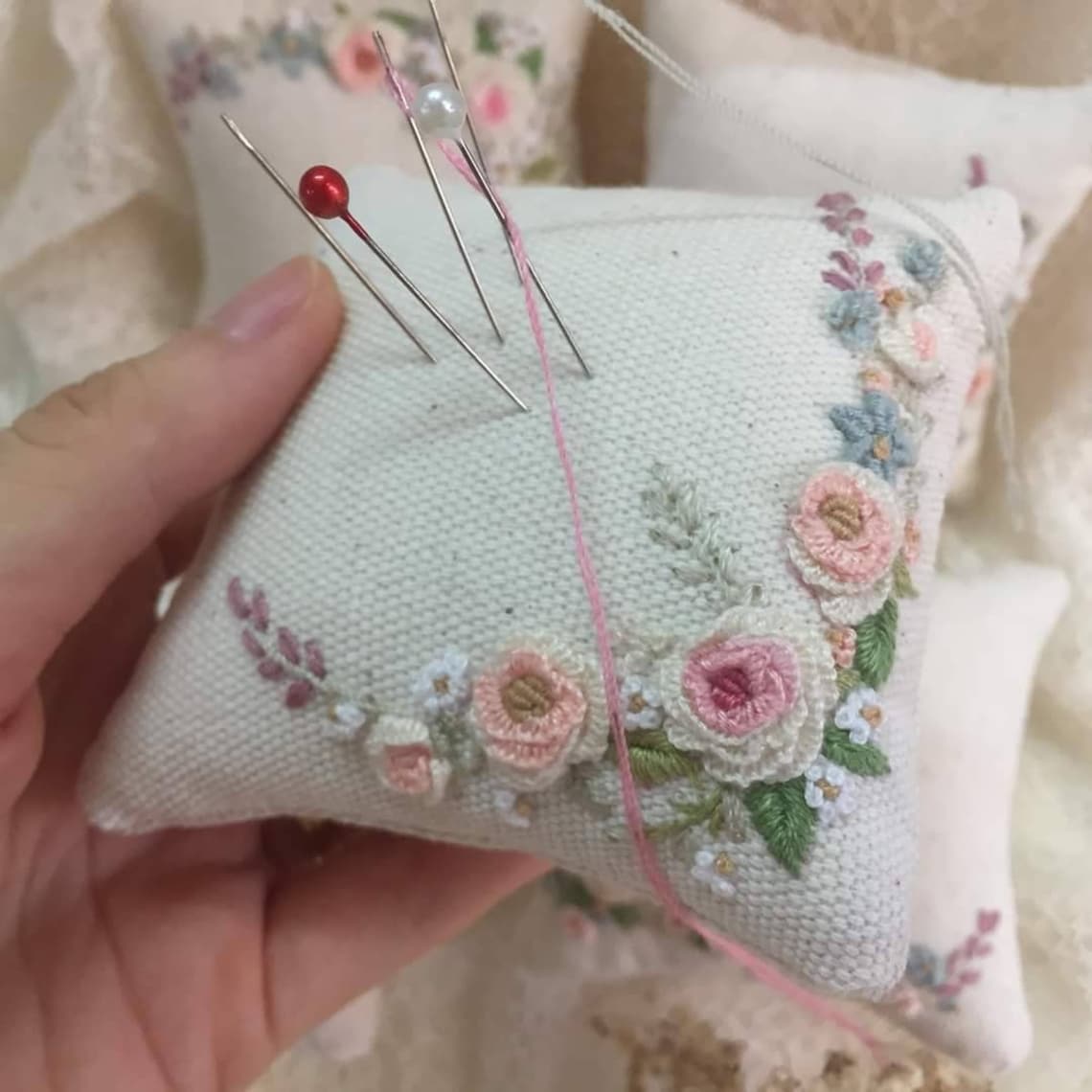 Roses Flower Embroidered Pin Cushion Handmade Square - Etsy