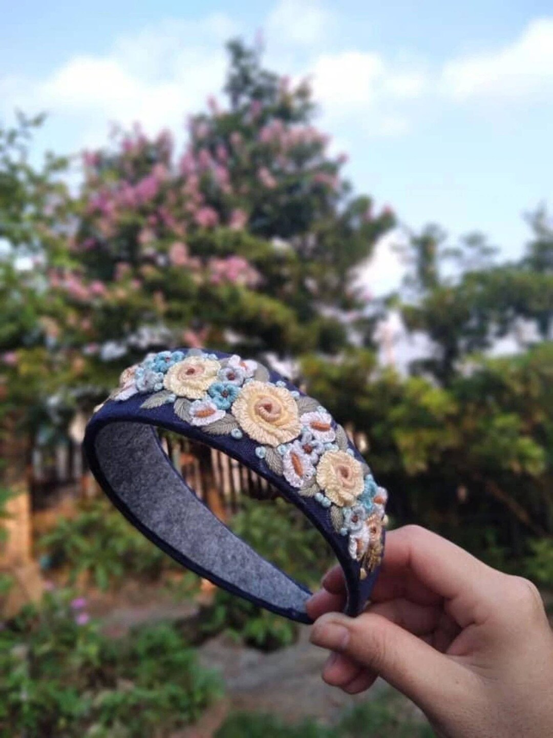 Floral Hand Embroidered Linen Headband. Handmade Navy Blue Hairband ...