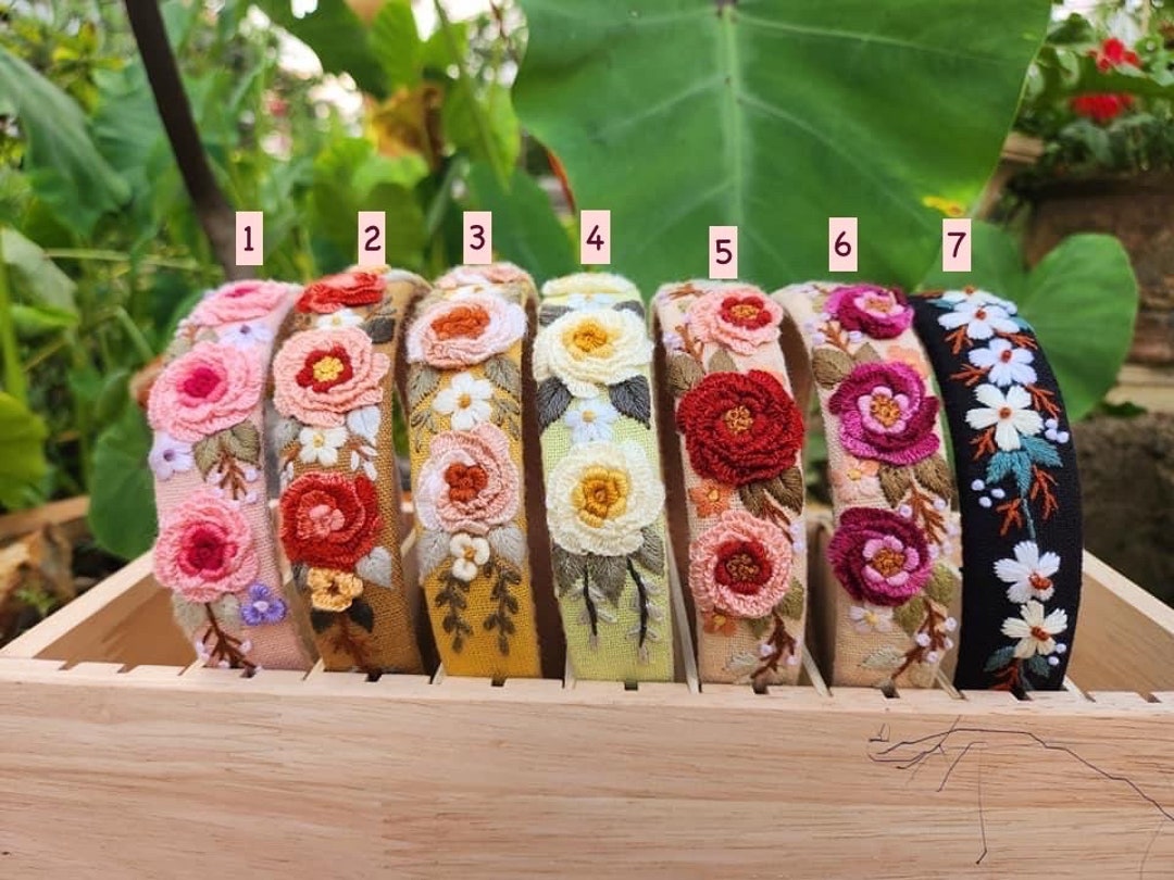 Floral Hand Embroidered Linen Headband. Handmade Hairband, 3D Flowers ...