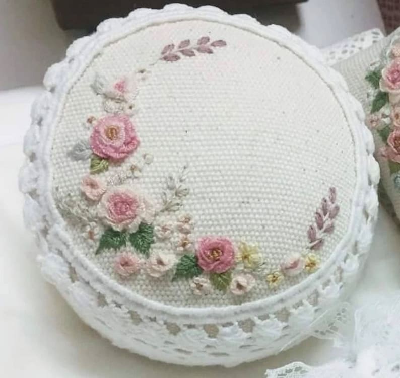 Roses Flower Embroidered Pin Cushion, Handmade Round Rectangle ...