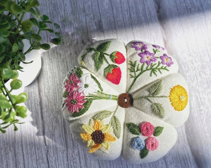 Flower Garden Embroidered Pin Cushion, Handmade Round Pumpkin ...