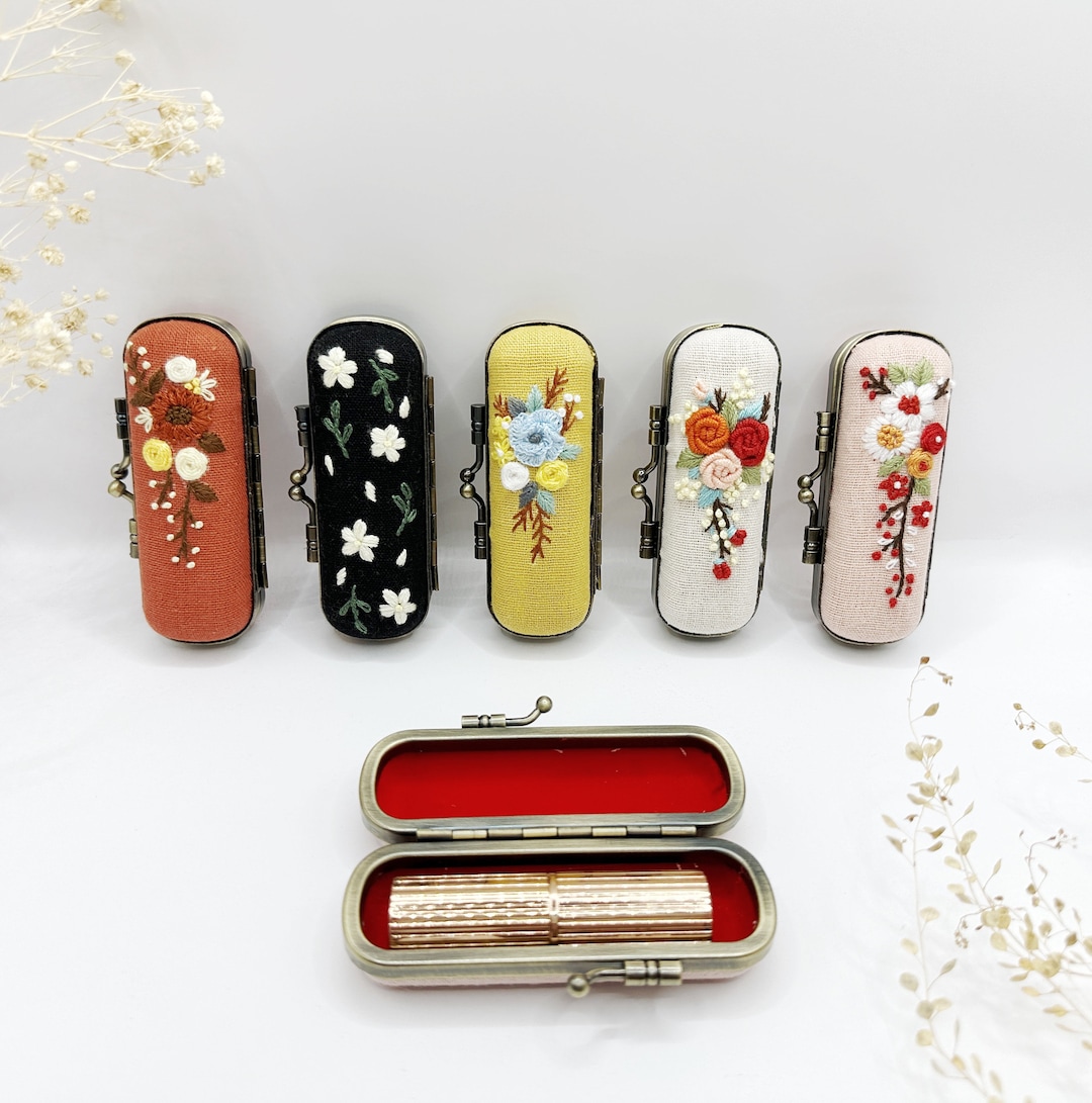 Floral Embroidered Lipstick Case, Handmade Lipstick Organizer, Vintage ...