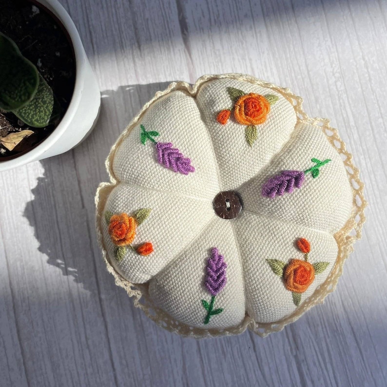 Pink Roses Embroidered Pin Cushion Handmade, Rectangle Pumpkin ...