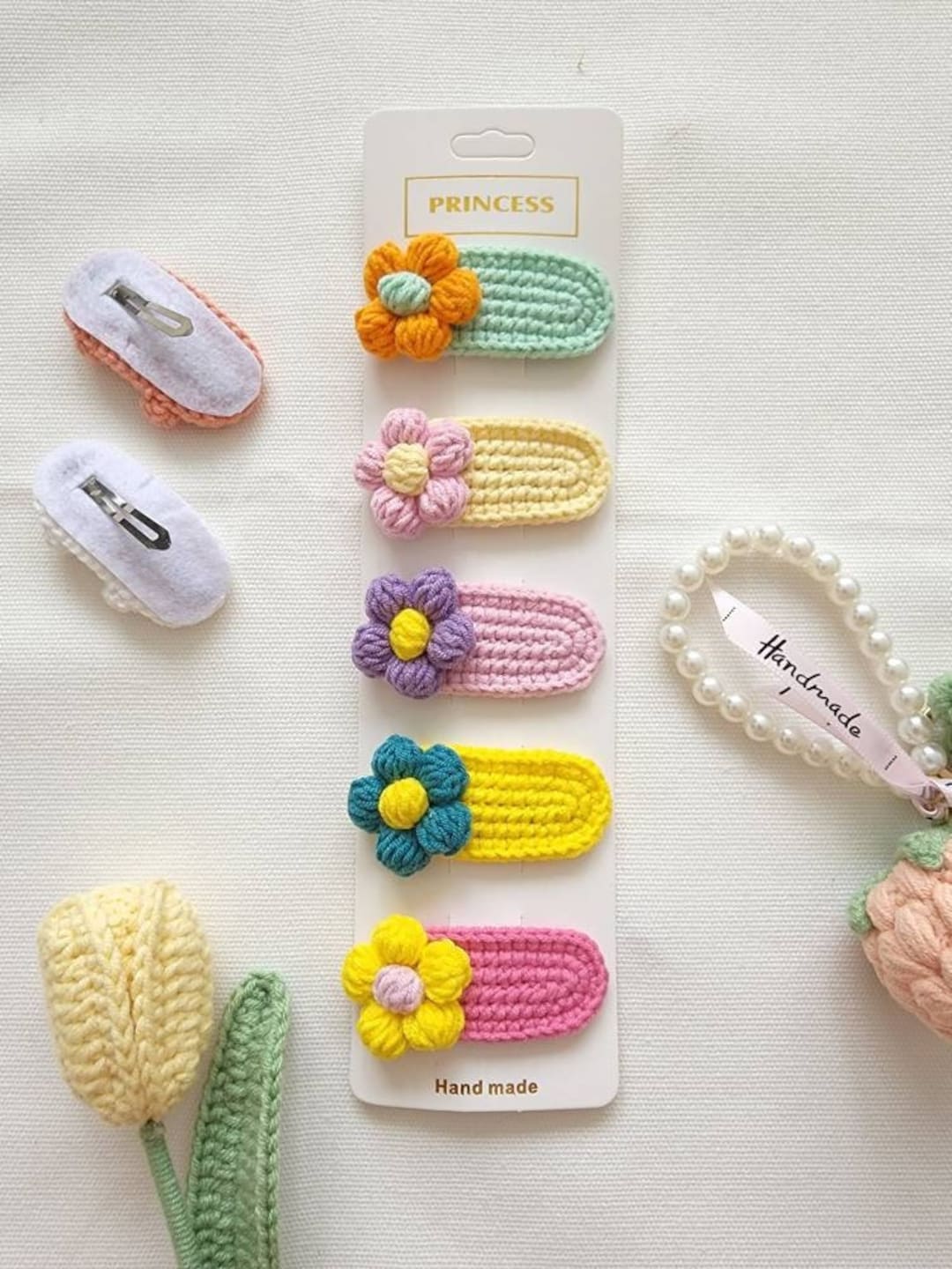 Crochet Hair Barrettes for Women Girl, Handmade Hairclip, Cute Flower ...