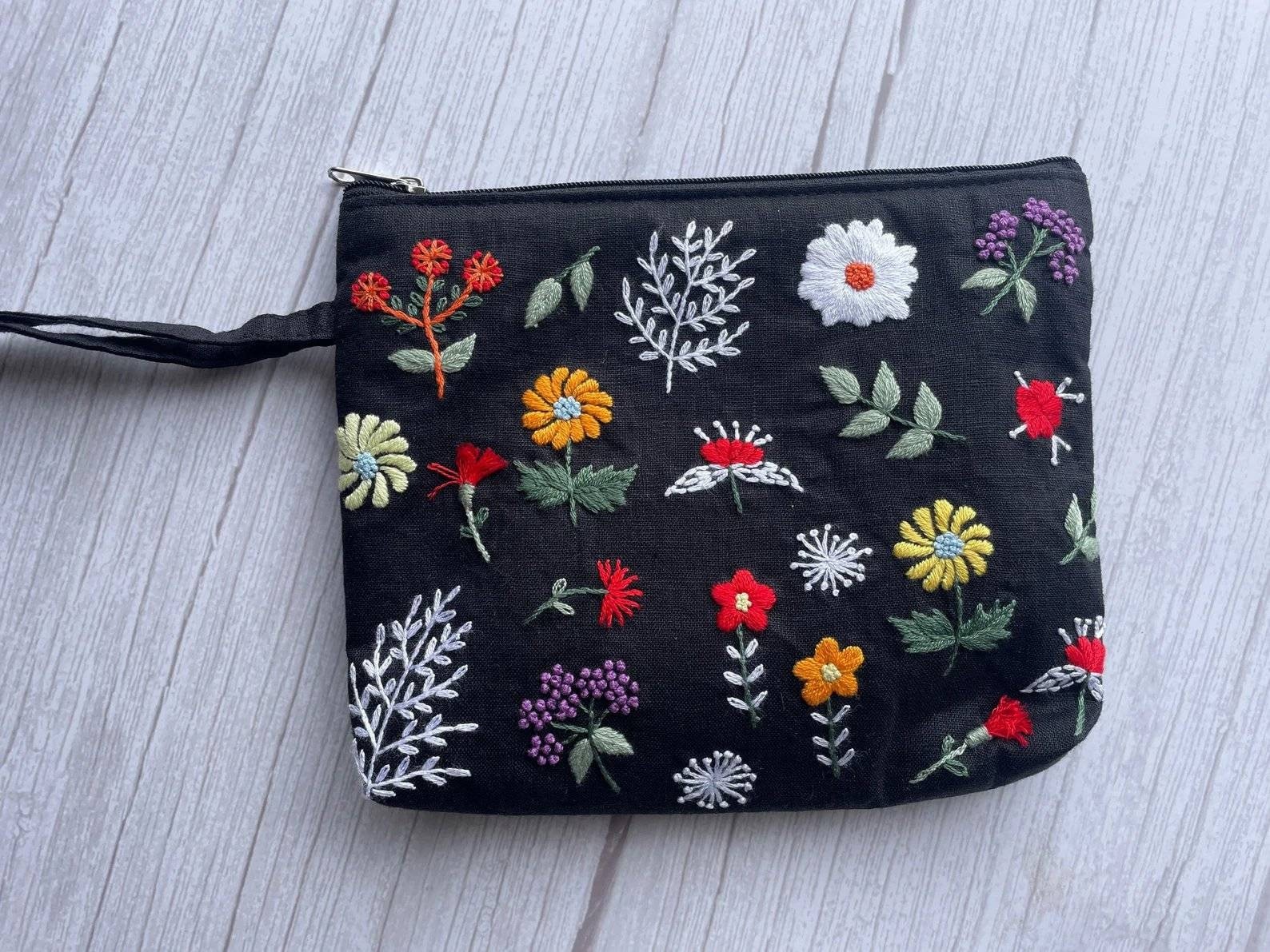 Flower Embroidered Make up Pouch, Floral Cosmetics Bag for Purse ...